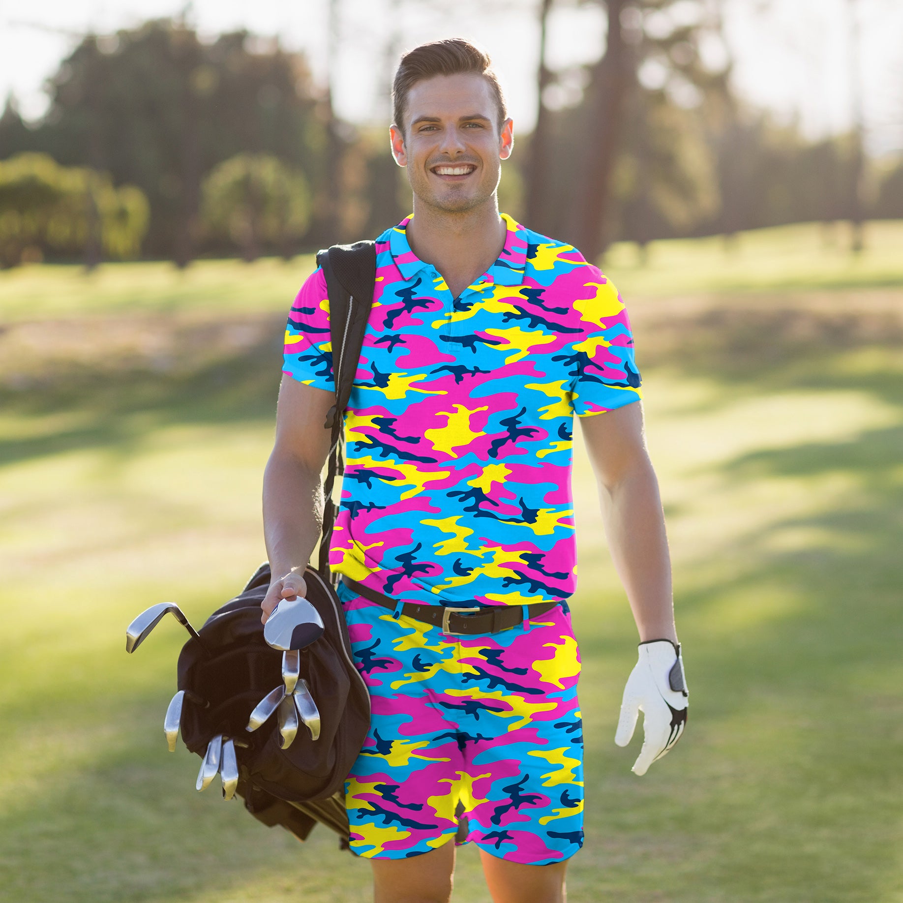 Men's Golf Set Polo+Shorts Neon Camo