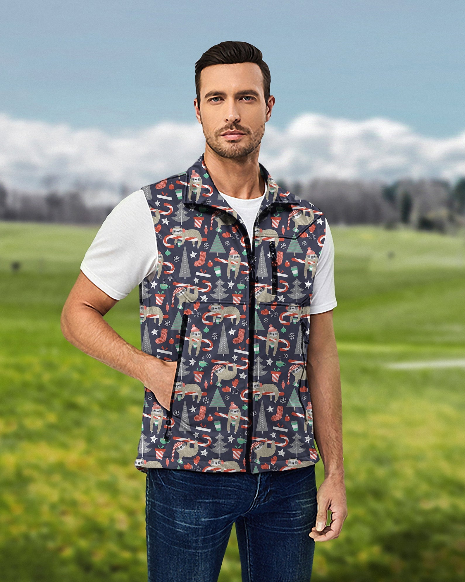 Men's Sloth Christmas Lightweight Softshell Vest Sleeveless Jacket for Golf