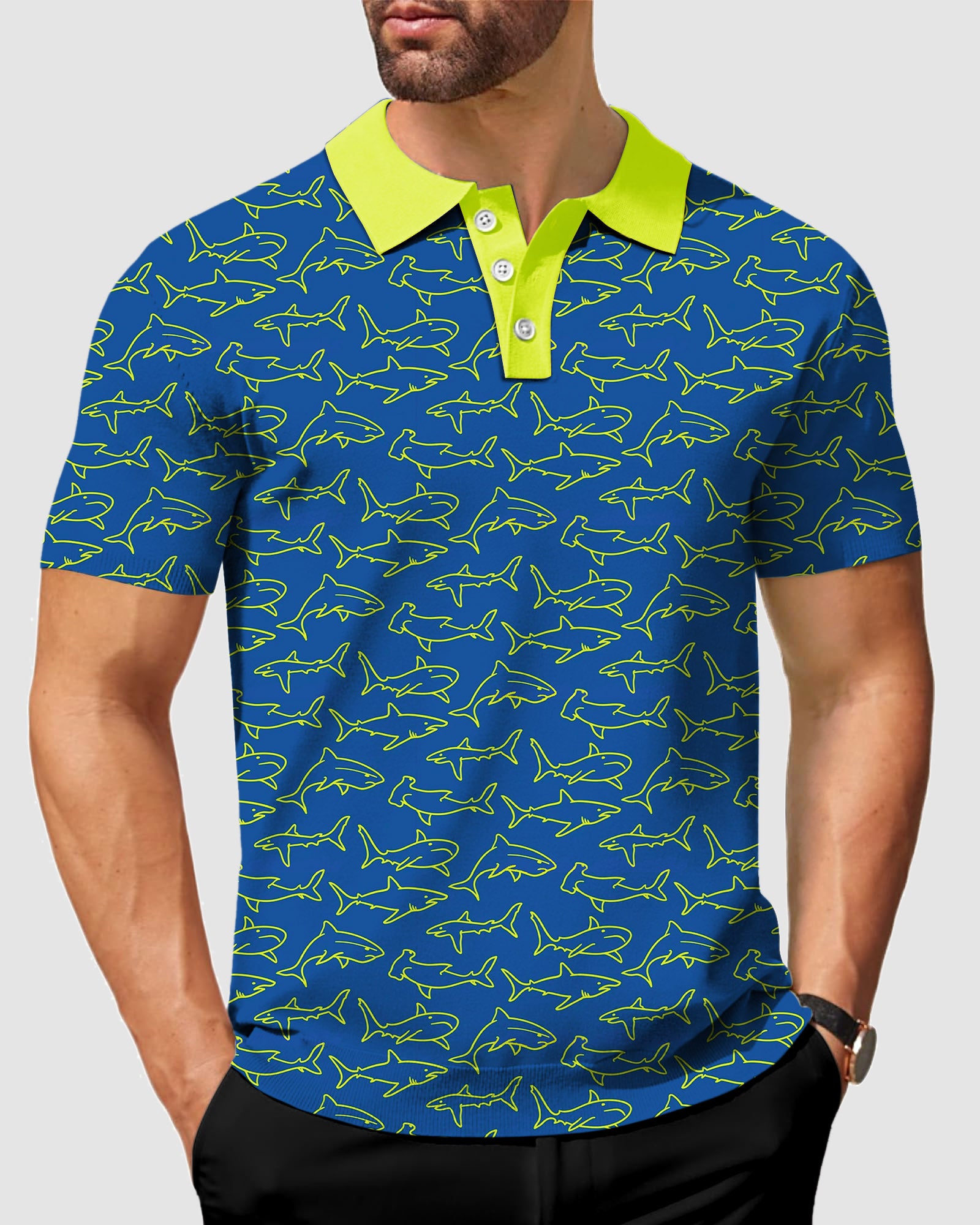 Men's Blue Sharks Polo - Customized Elegance and Four Way Stretch