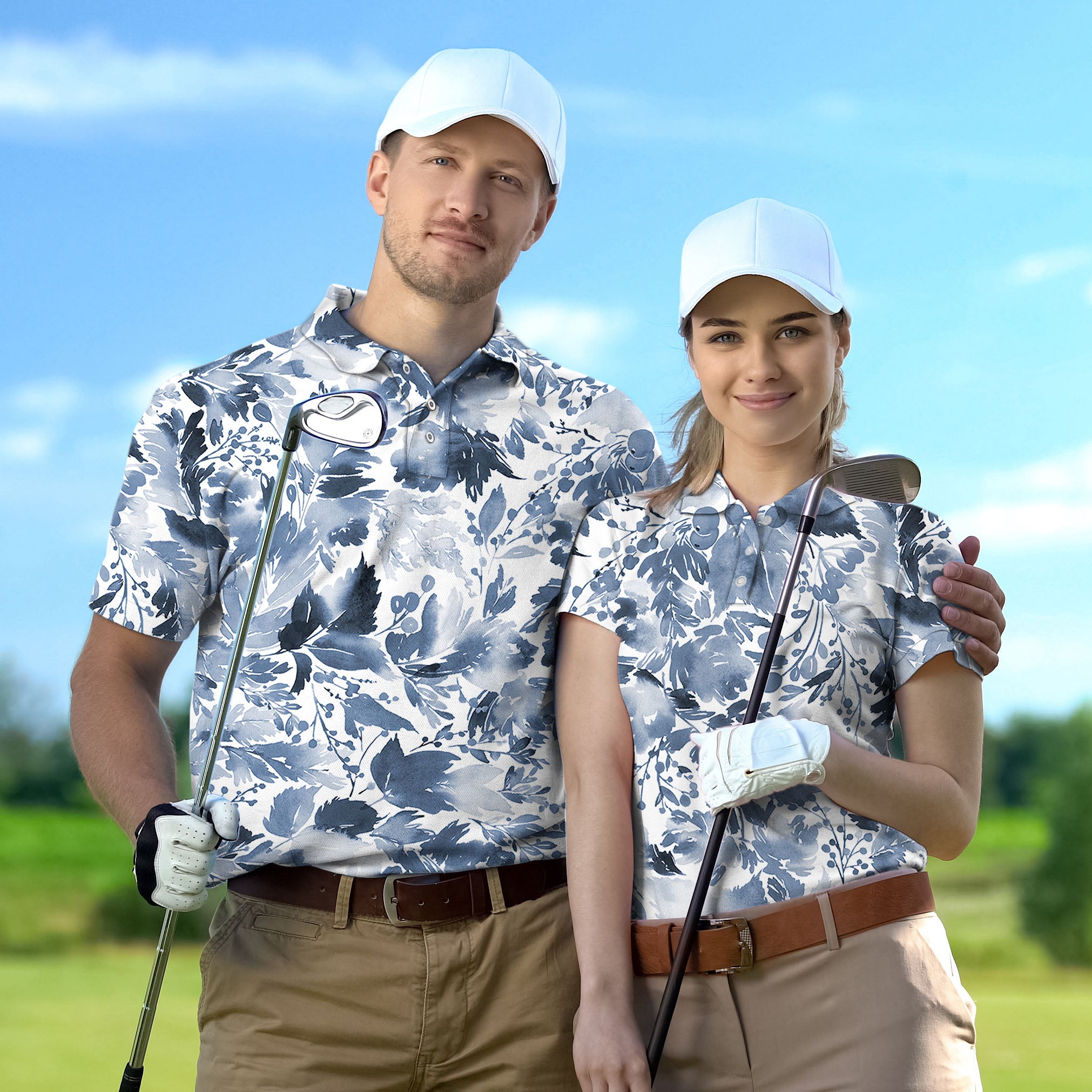 Golf Polo Couple Family set BLUE LEAVES - Customized Elegance