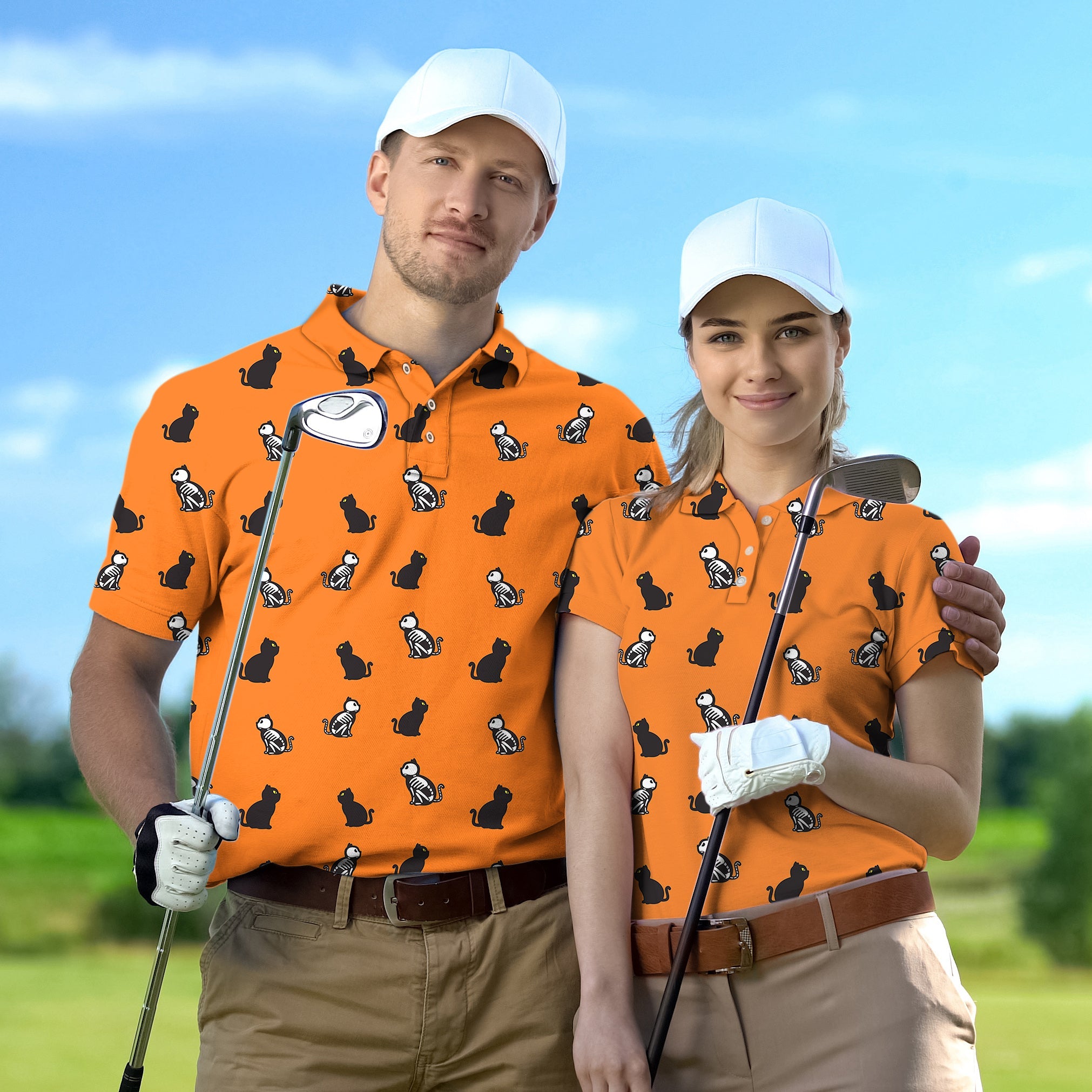 Couple Halloween Skull Cat Custom The Background Color set Golf ...