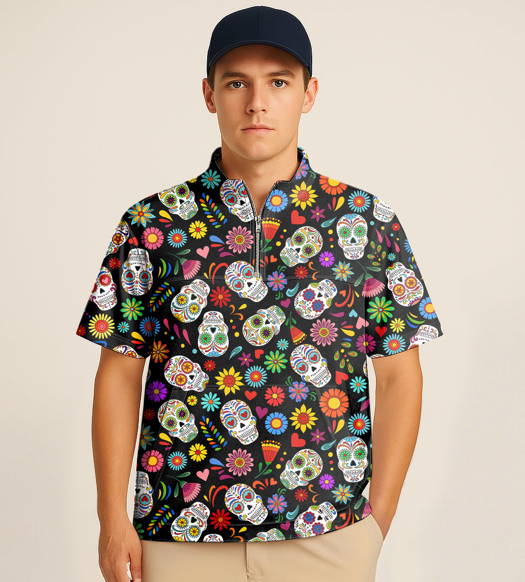 Half Zipper Turtleneck Golf Short Shirt Fiesta Feeling skull Embroidery
