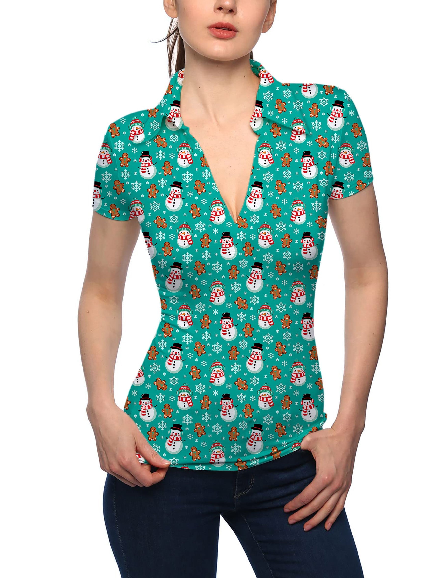 Women's Gingerbread Snowman Blue Christmas V Neck Golf Polo