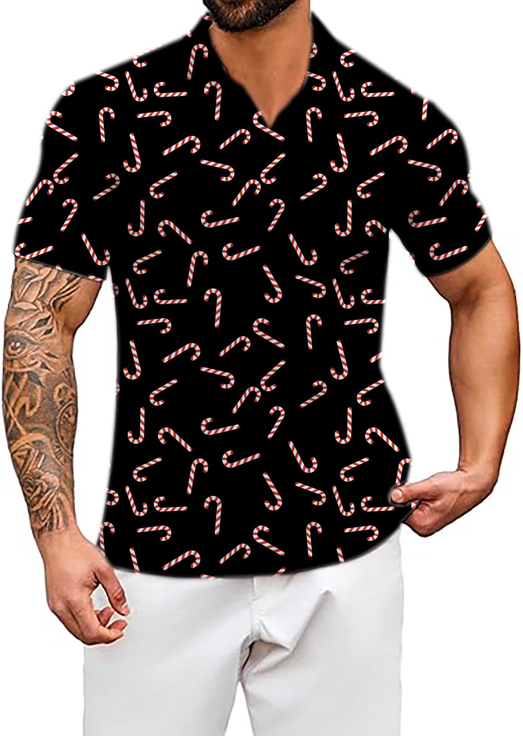 Men's Candy Cane V Neck Golf Polo Shirts - Customized Elegance