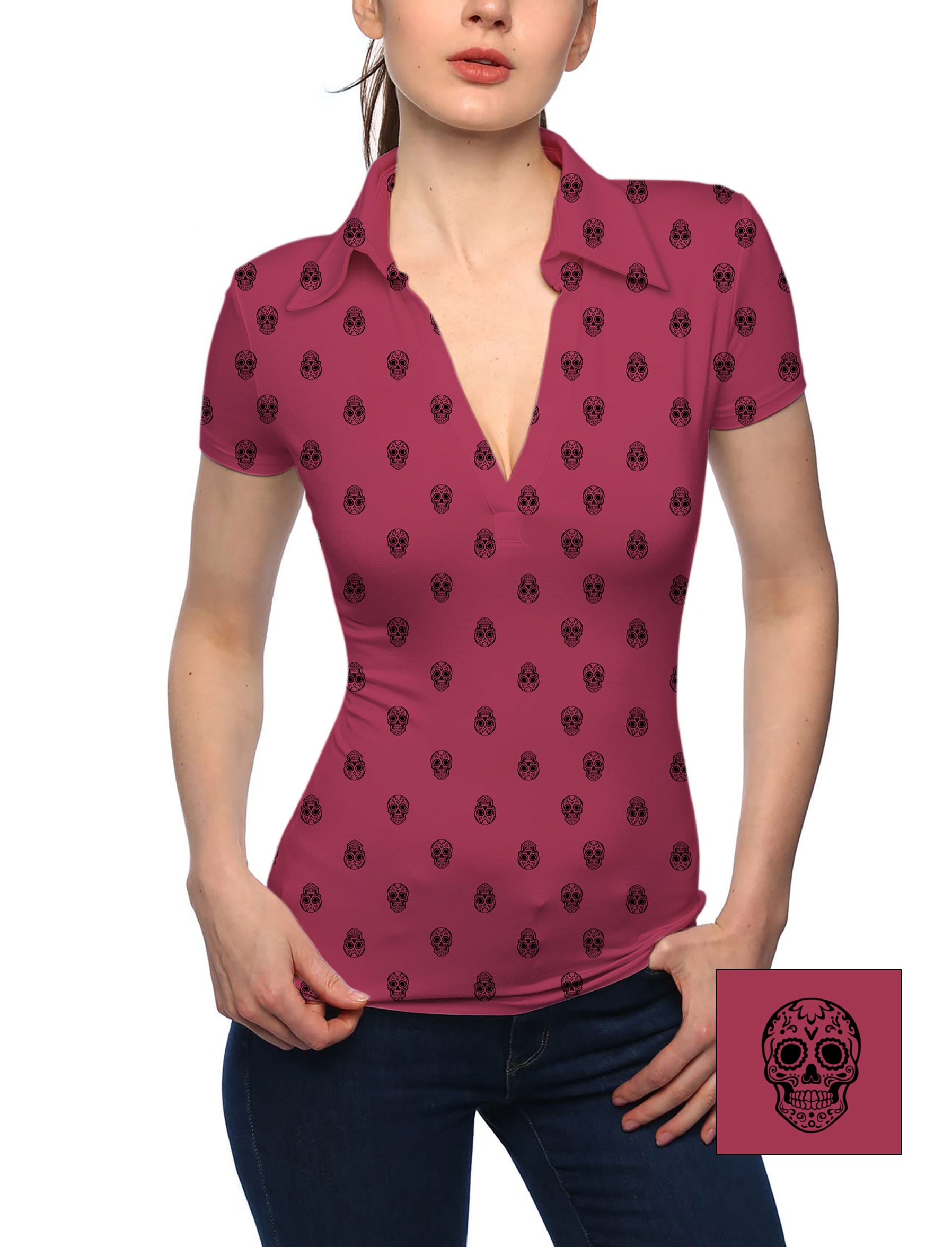 Women's Skull Custom The Background Color V Neck Golf Polo