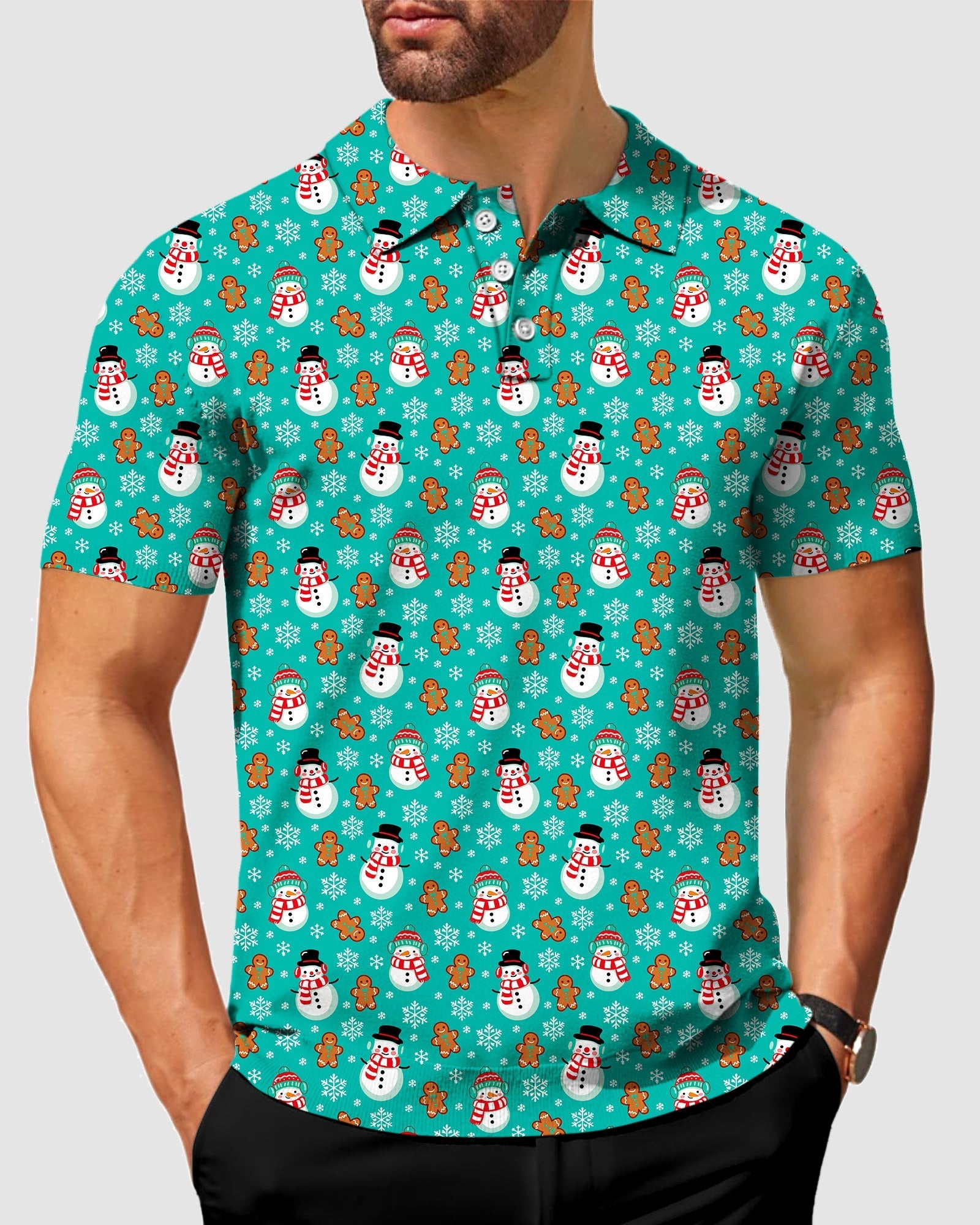 Men's Gingerbread Snowman Blue Christmas Polo