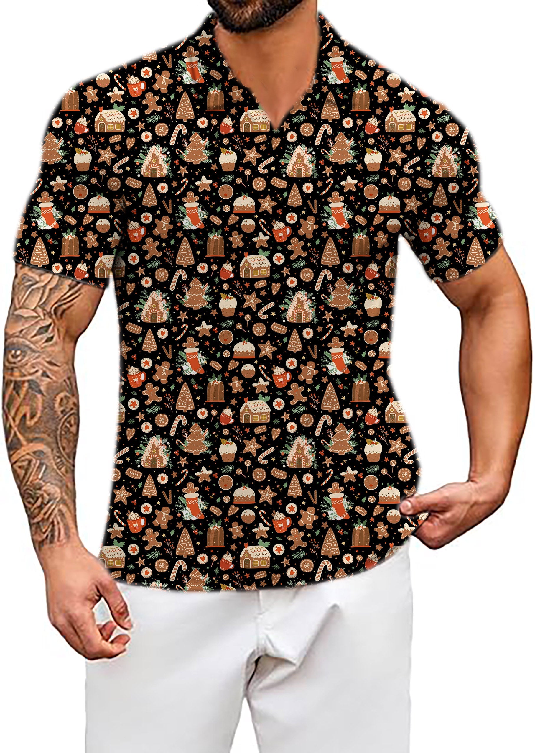 Men's Black Christmas Candy House V Neck Golf Polo Shirts
